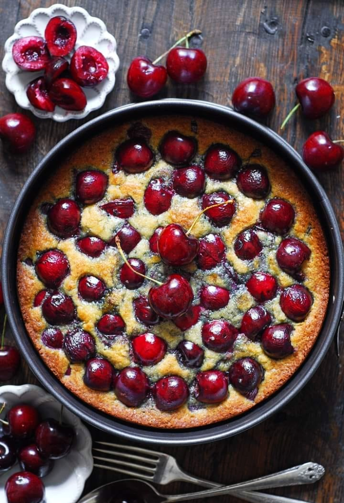 Simple Cherry Cake made with Greek Yogurt and pantry staples in a round ...