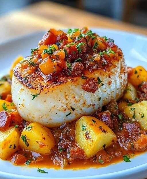 Cod Back with Chorizo Cream and Mashed Potatoes - Home